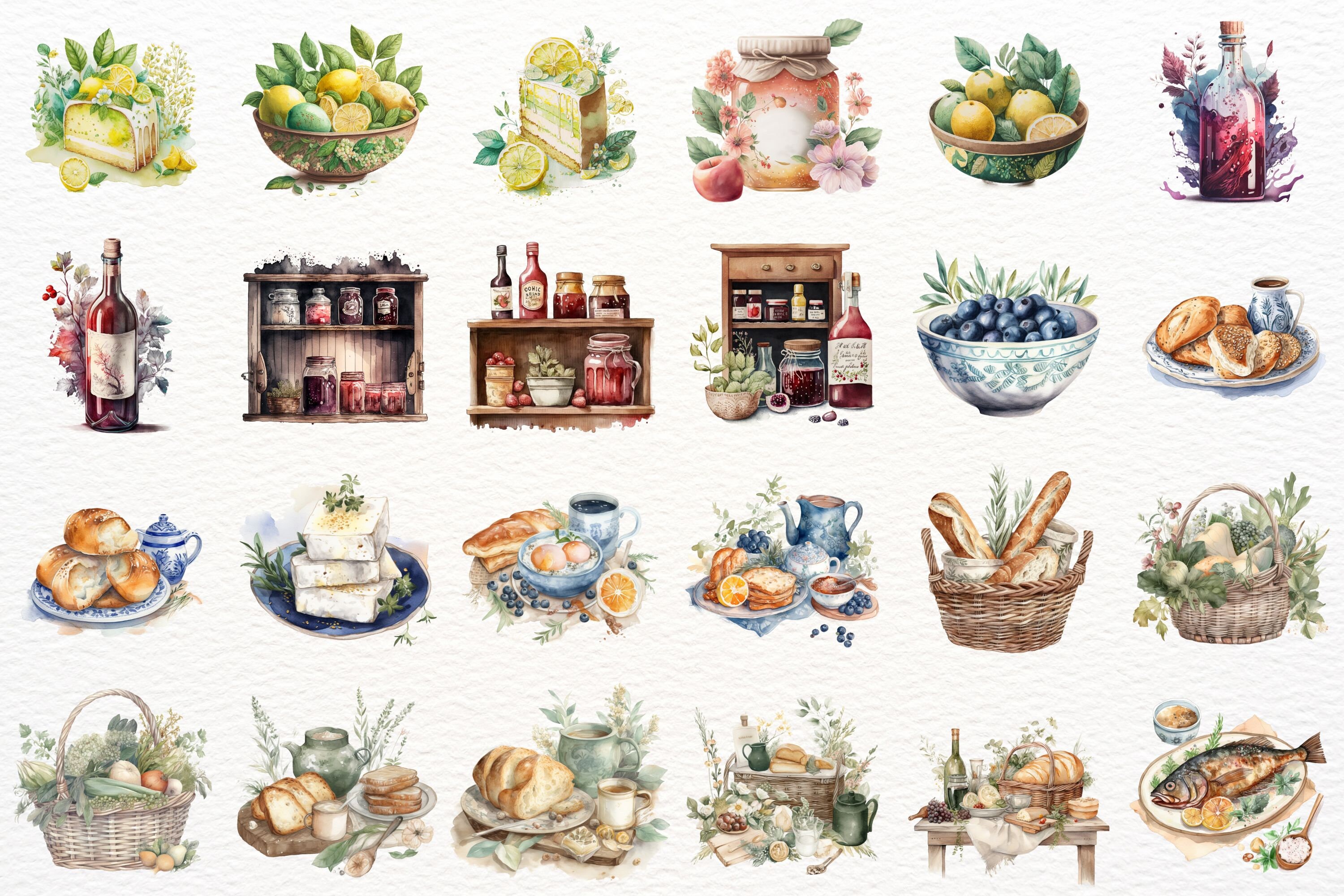 Watercolour Cottagecore Food Clipart Bundle, Cottage Scrapbboking ...