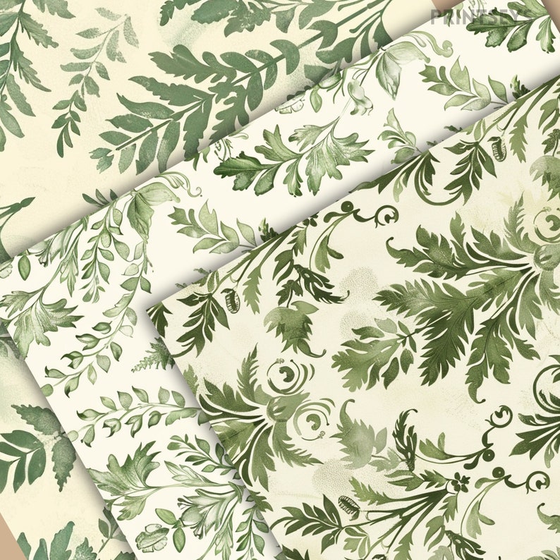 White and Green Damask Digital Paper, Vintage Textured Paper, Scrapbook ...