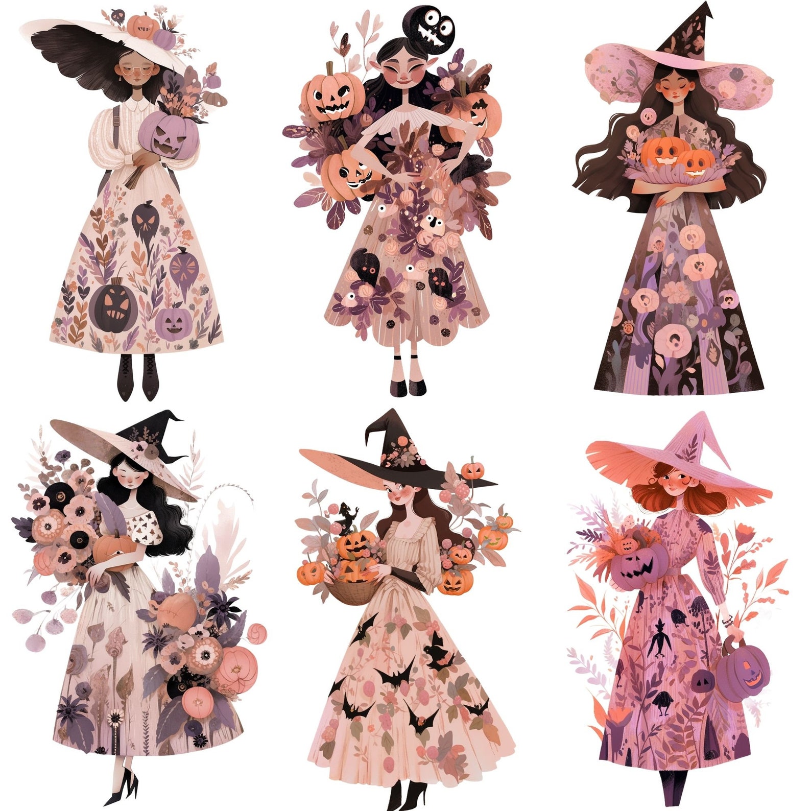 Coquette Halloween Witch Clipart Bundle, Chic Clipart, Folk Art ...