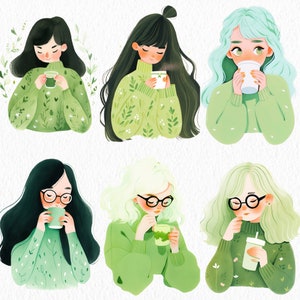 Cute Green Tea Girl Digital Stickers, Cozy Tea Drinking Clipart ...