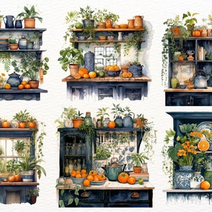 Watercolour Rustic Blue and Orange Kitchen Clipart Bundle, Cozy Clipart ...