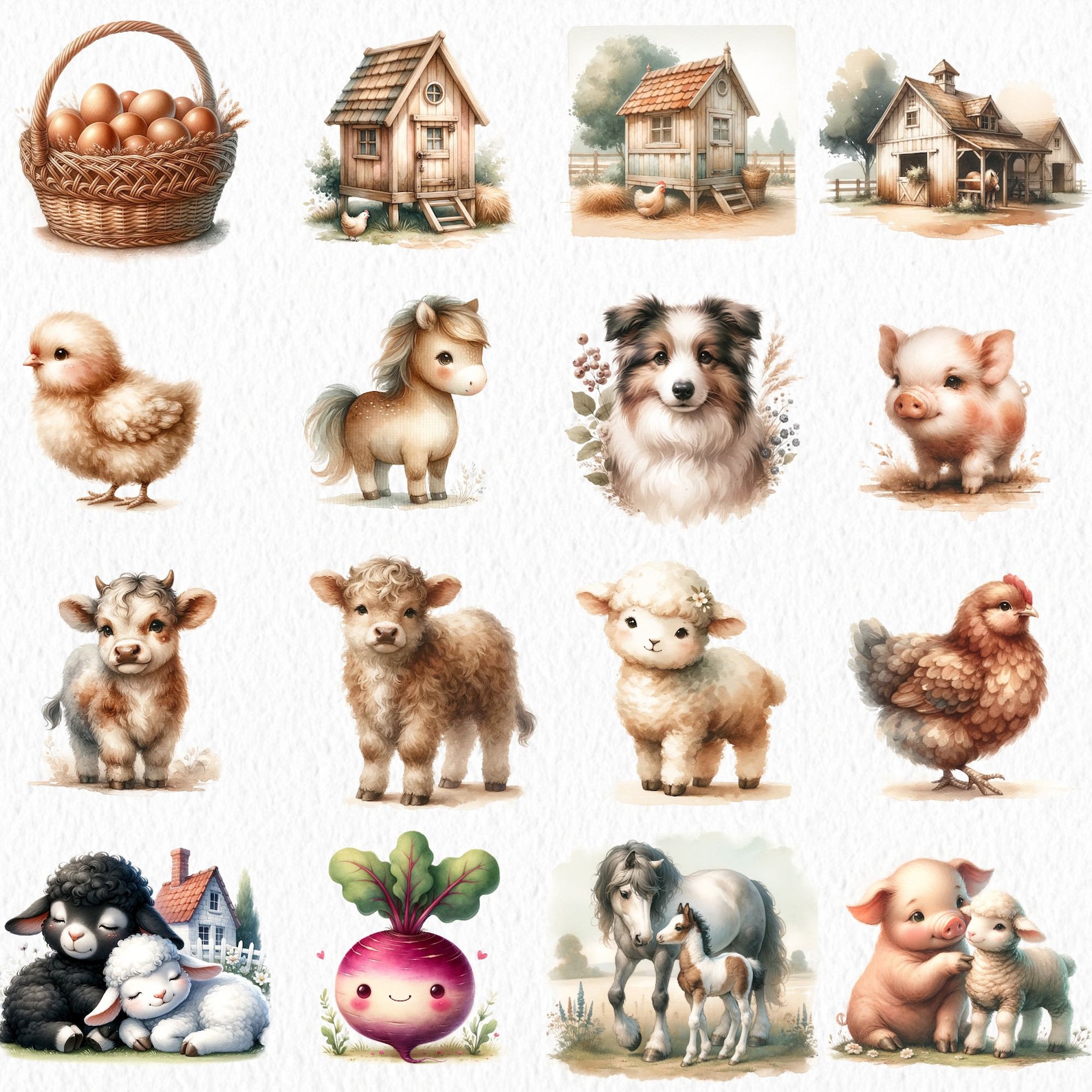 Cute Farm Clipart, Farm Animals Watercolor Digital Clipart, Farm ...