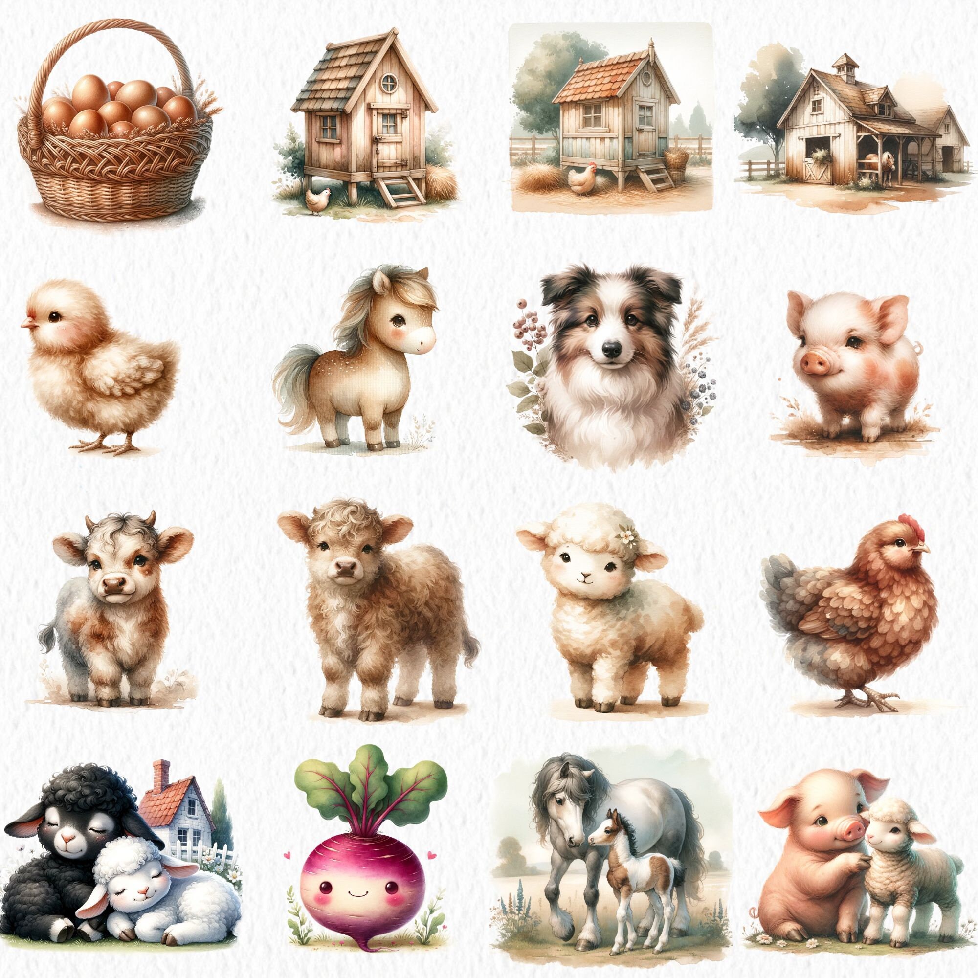 Cute Farm Clipart, Farm Animals Watercolor Digital Clipart, Farm ...