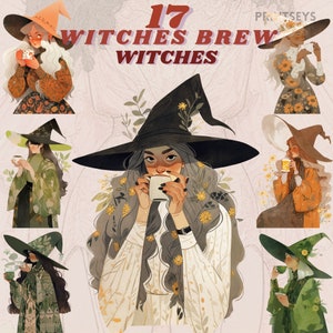 Witches Brew Digital Stickers, Witches Drinking Coffee Tea Clipart ...