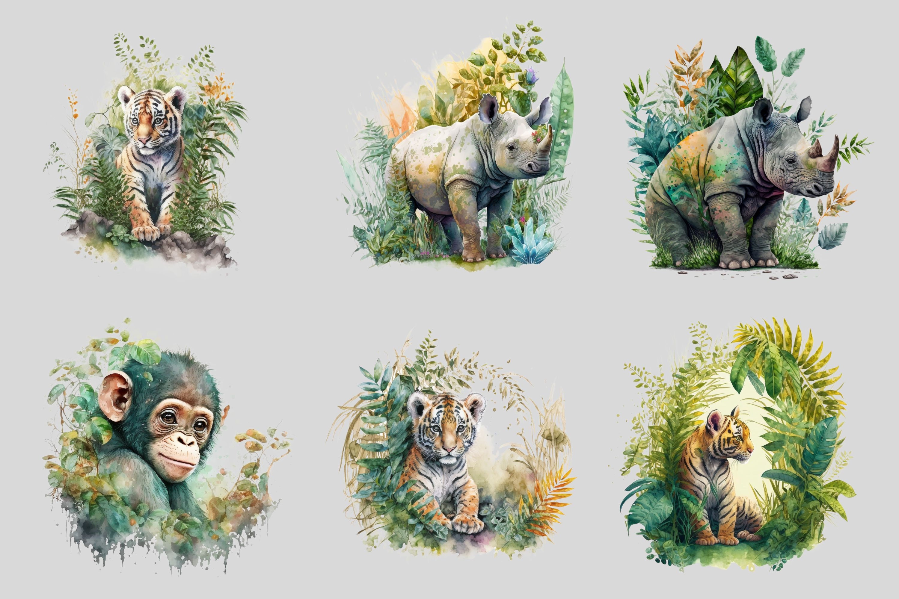 Cute Watercolour Jungle Animal CLIPART Tigers Monkeys - Etsy