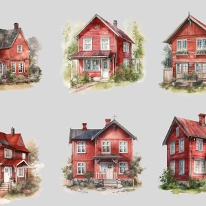 Watercolour Nordic Red Cabin Clipart Bundle, Red Cottage,norwegian ...