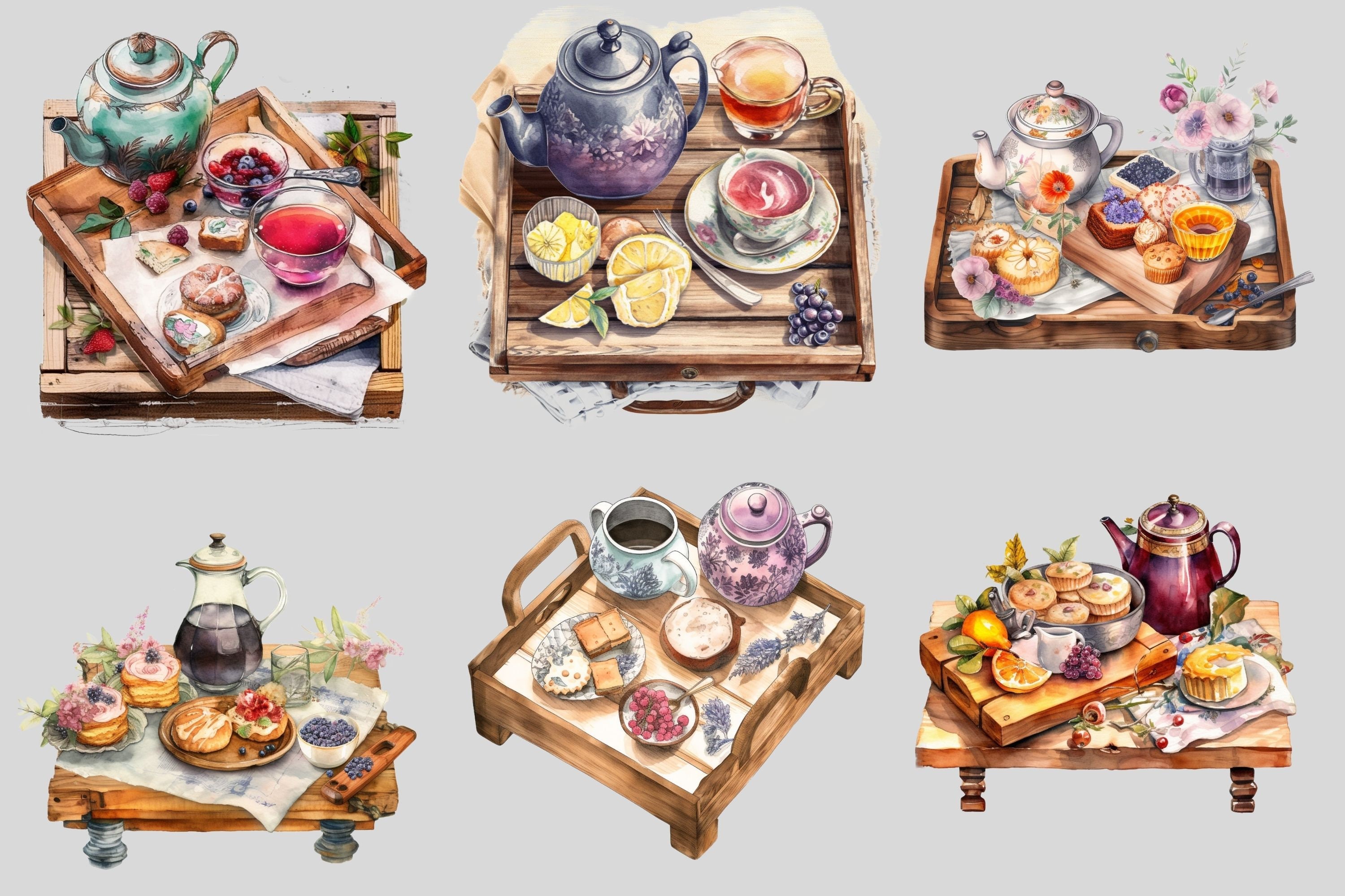 Watercolour Tea Time Clipart Bundle Breakfast Tray Snacks - Etsy