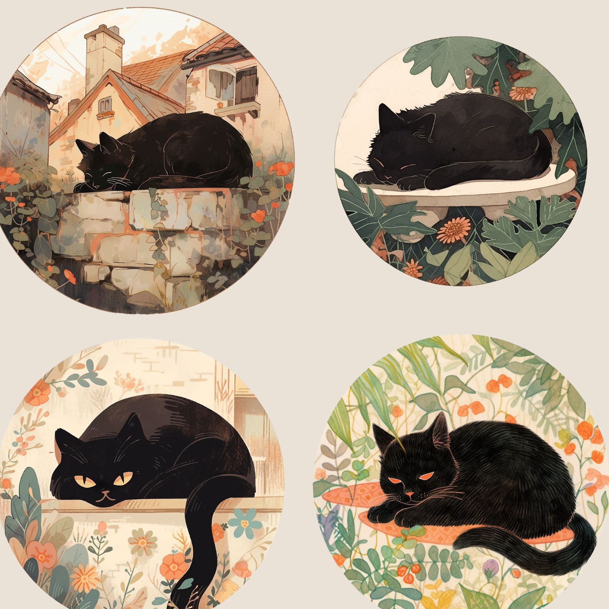 Vintage Cottagecore Sleeping Cat Digital Sticker Bundle, Black Cat ...
