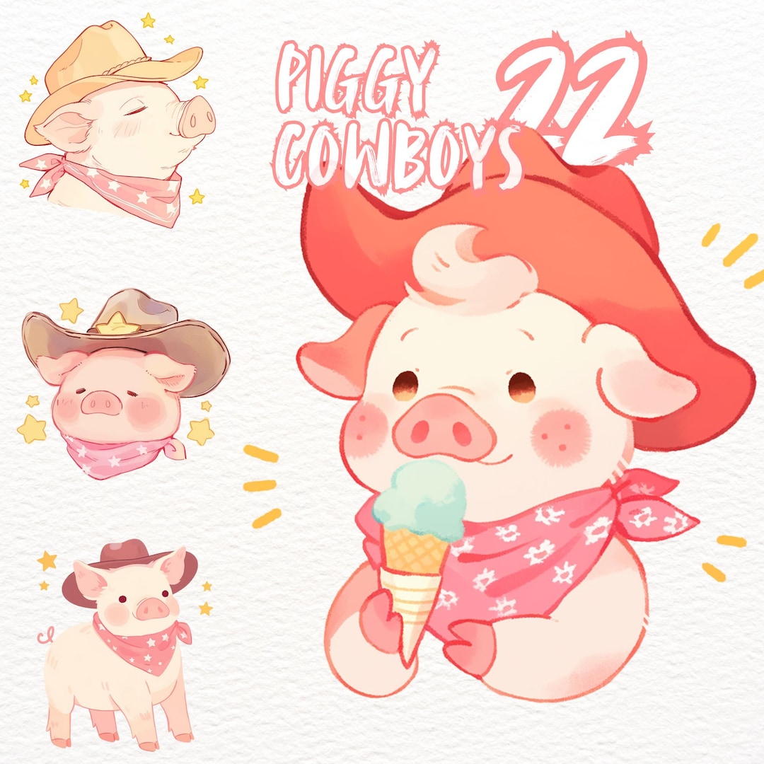 Cute Pink Cowboy Piggy Clipart Set, Cute Country Piglet Stickers ...