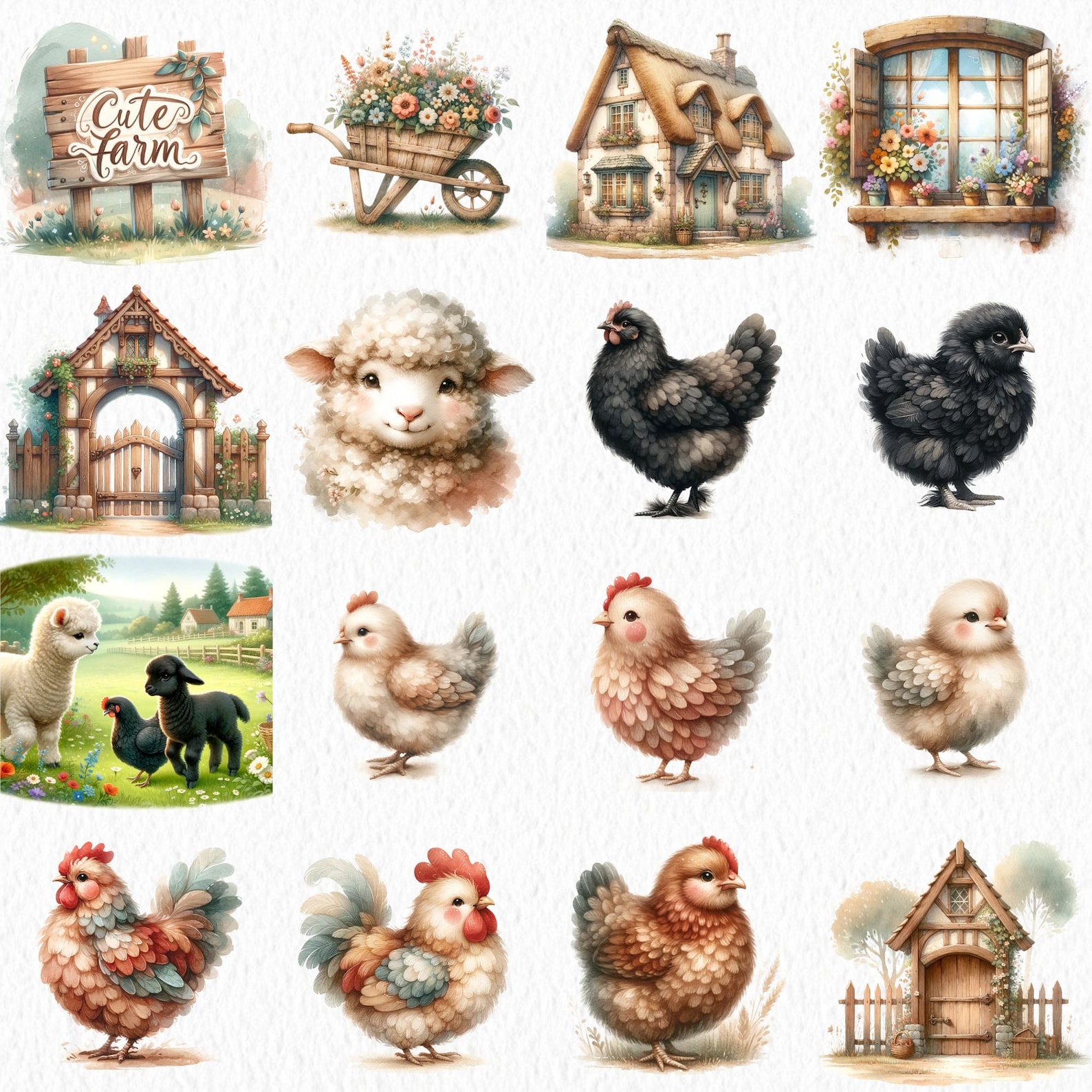 Cute Farm Clipart, Farm Animals Watercolor Digital Clipart, Farm ...