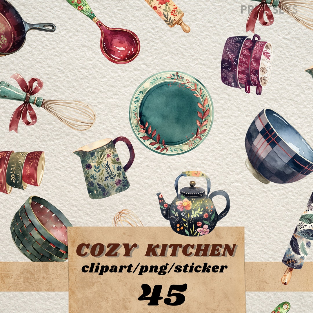 Watercolour Rustic Cozy Cottagecore Kitchen Tools, Clipart Bundle, Cozy ...