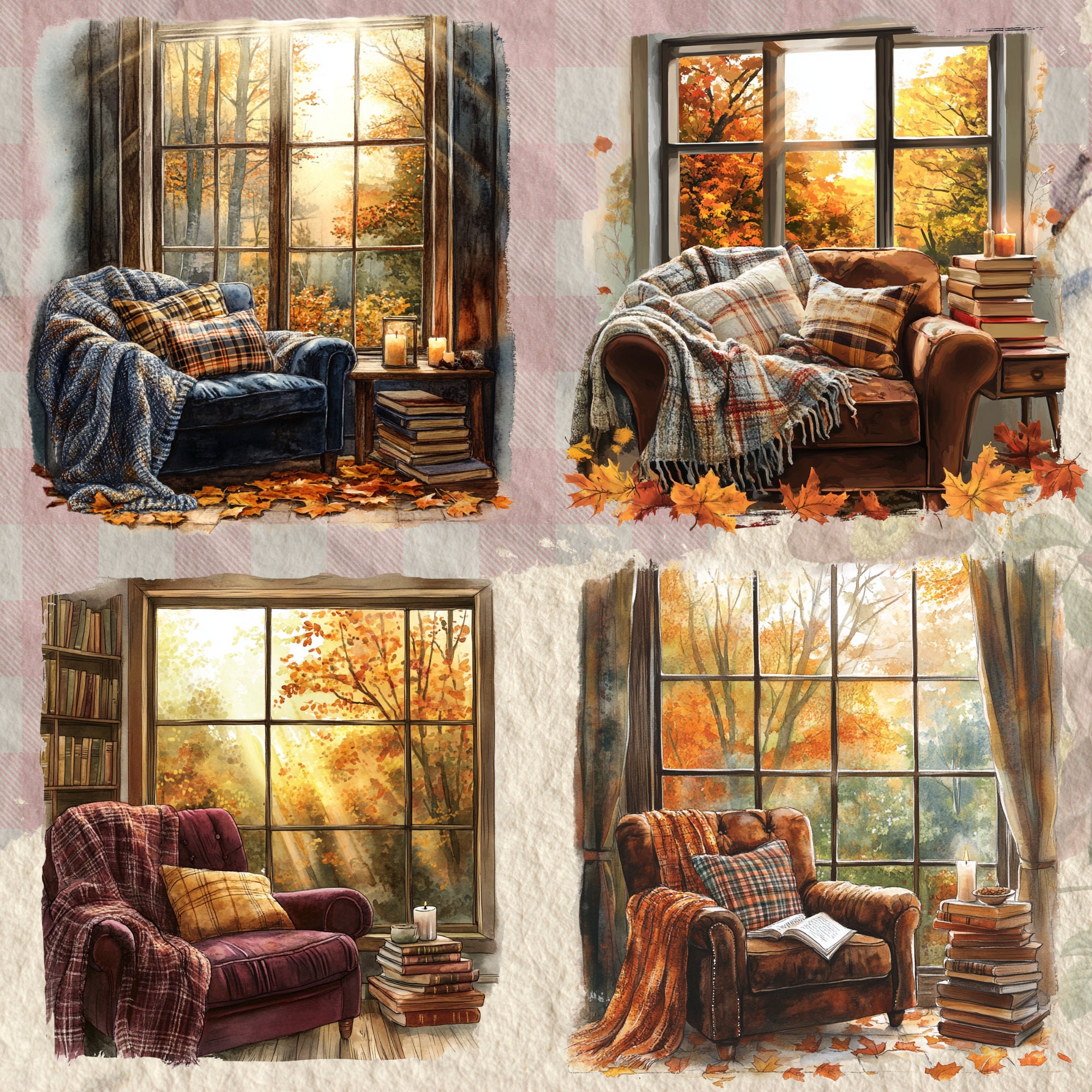 Watercolour Autumn Cozy Nook Clipart Bundle, Cozy Autumn Reading Corner ...