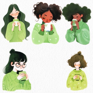 Cute Green Tea Girl Digital Stickers, Cozy Tea Drinking Clipart ...