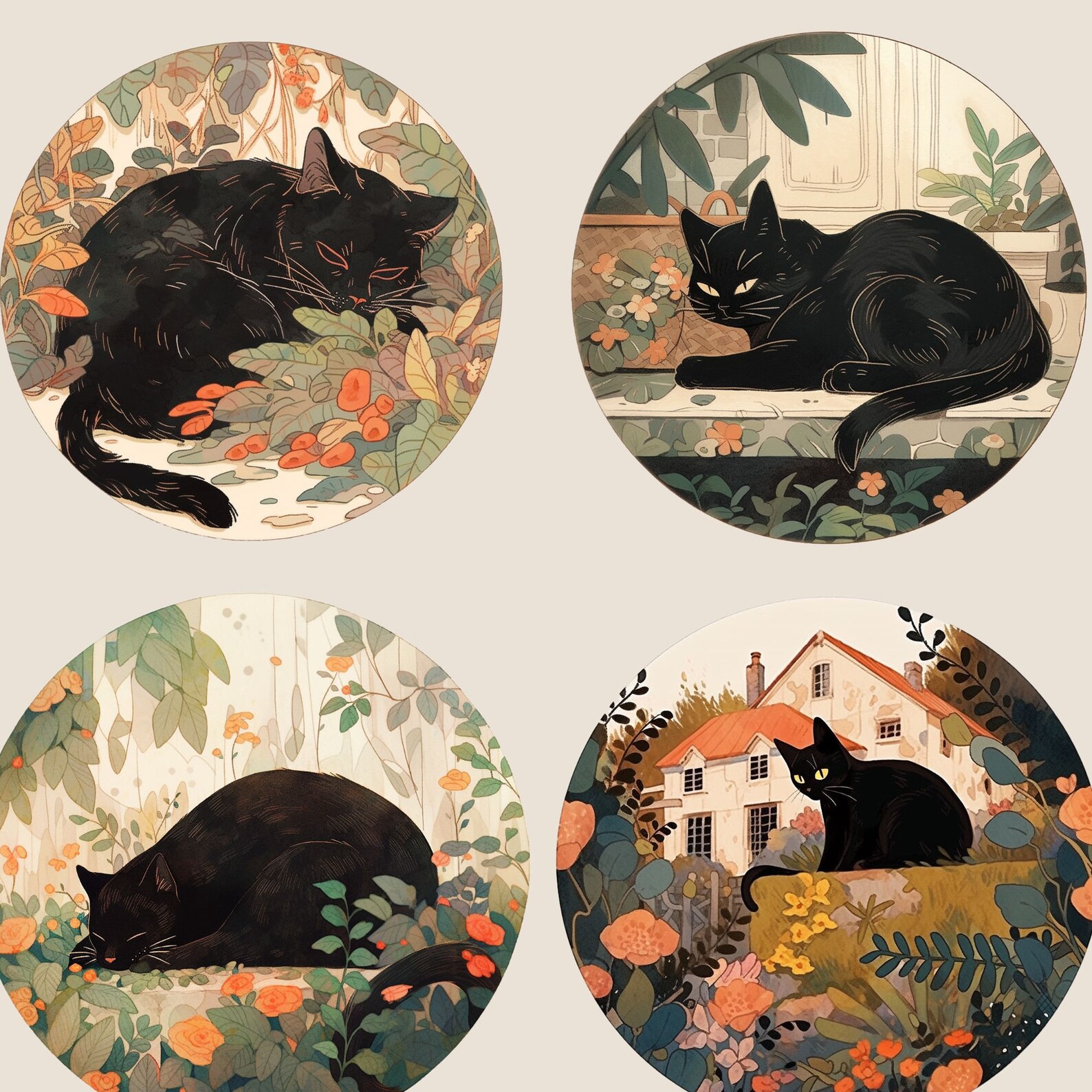 Vintage Cottagecore Sleeping Cat Digital Sticker Bundle, Black Cat ...