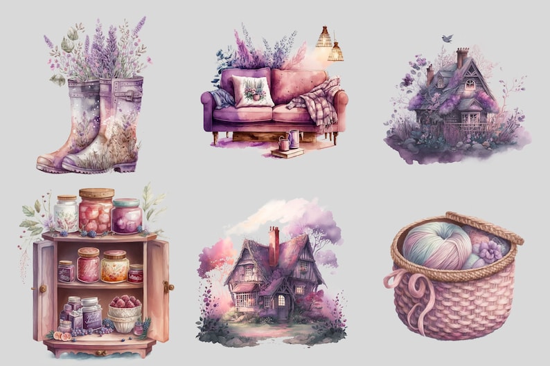 Watercolour Lavender Cottagecore Clipart Bundle , Cottage Living, Farm ...