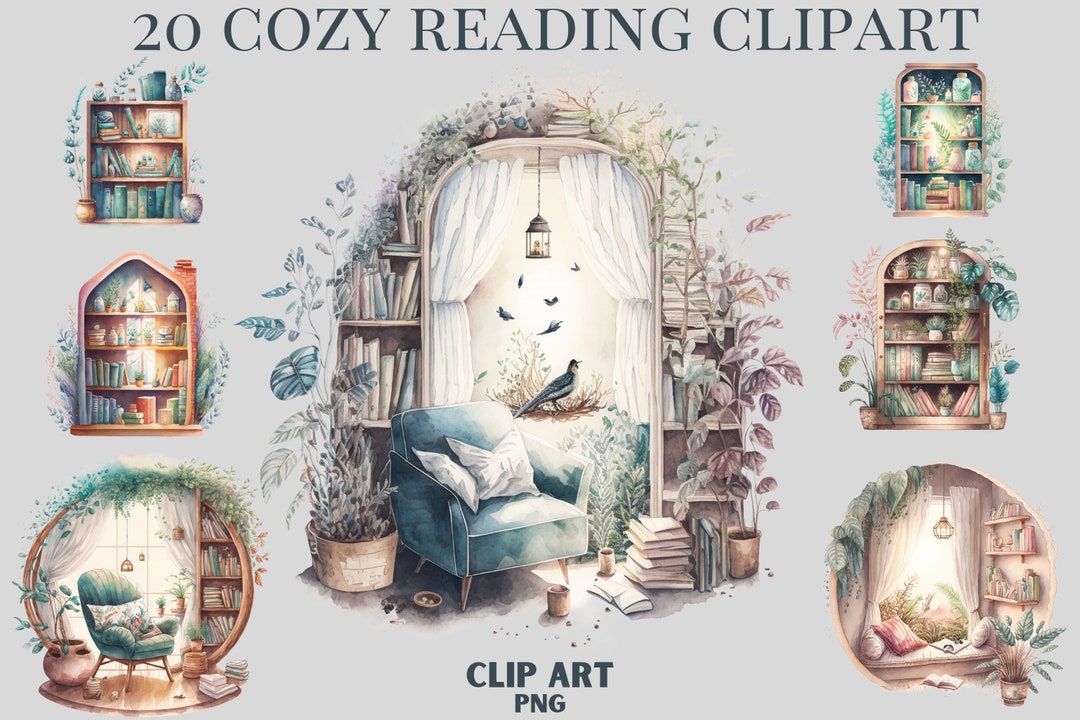 Watercolour Bookworm Cozy Reading Corner Clipart Bundle, Bookshelf ...
