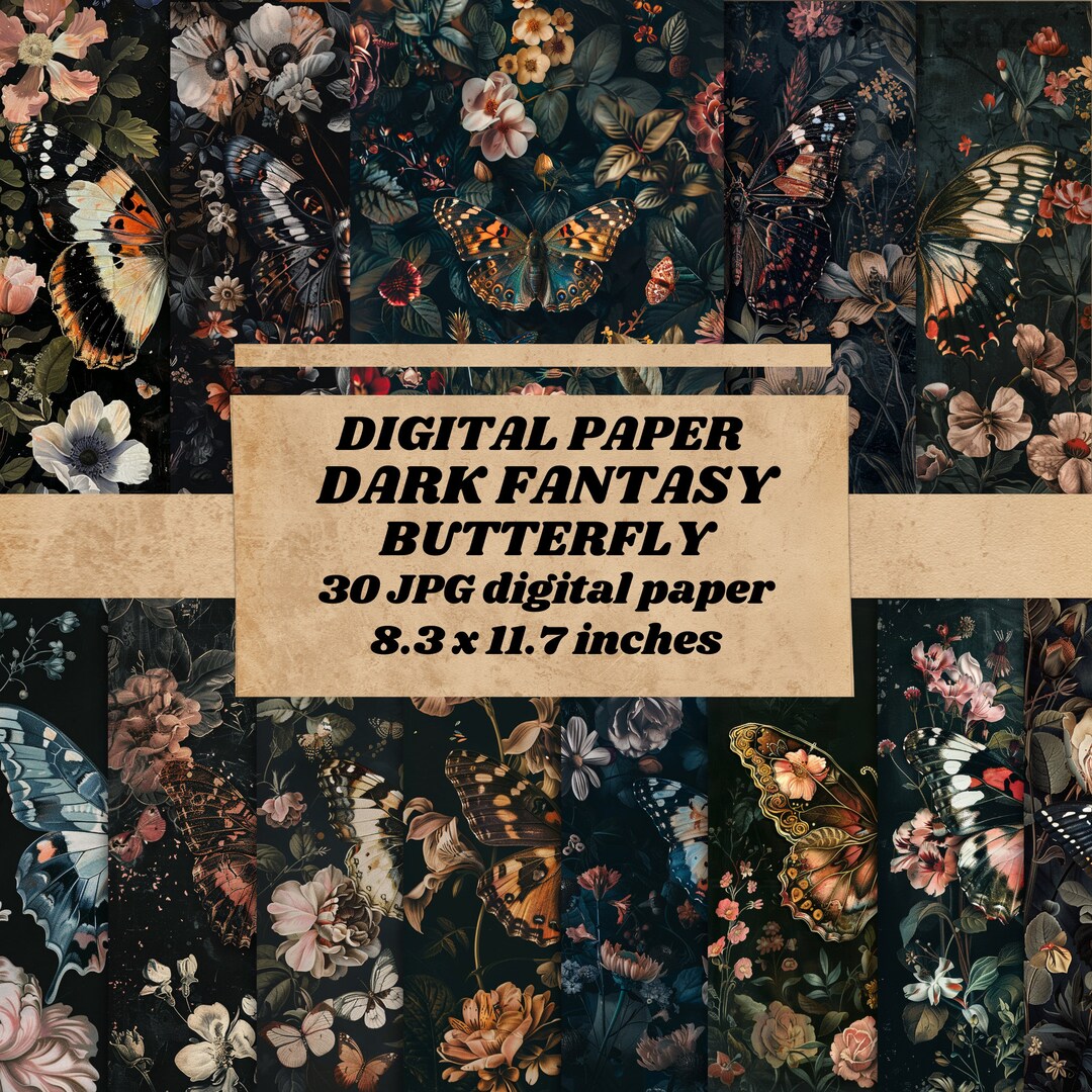 Dark Fantasy Butterfly Digital Paper, Victorian Floral Vintage ...