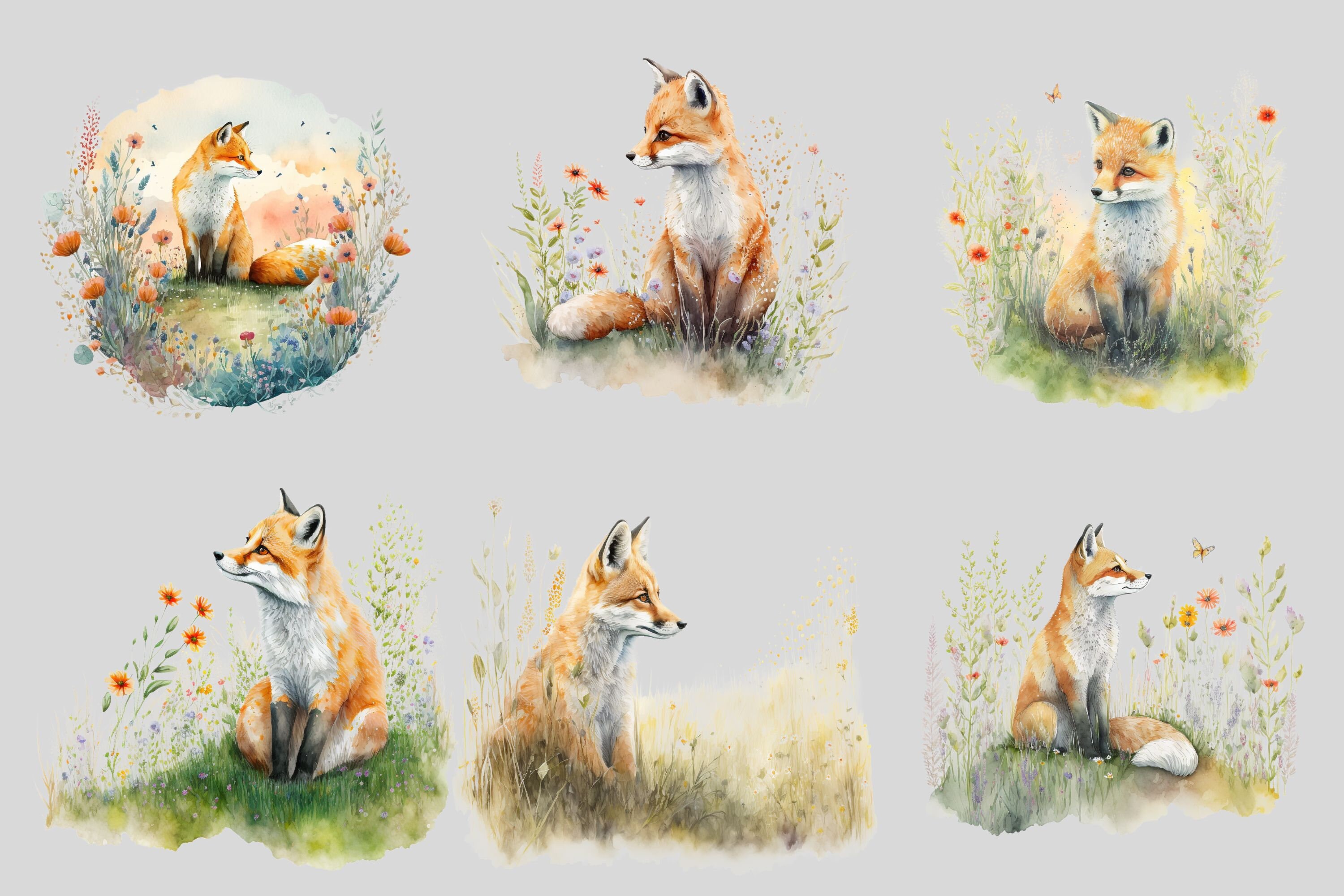 Cute Watercolour Foxes Clipart Bundle, Sleeping Fox, Fox in Meadow ...