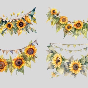 Watercolour Sunflower Bunting Clipart Bundle, Floral Buntings, Summer ...