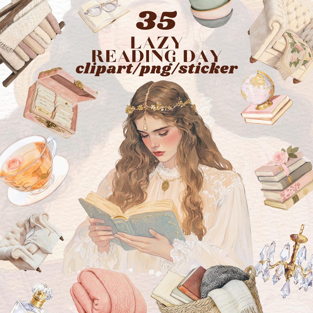 Elegant Blush Vintage Reader Clipart Set, Cozy Book Lover PNG Stickers ...