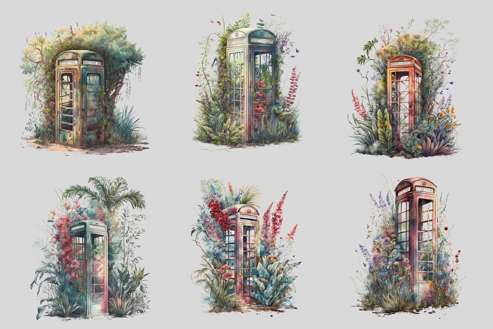 Watercolour Overgrown Old Phonebooth Clipart Bundle, Nature, Vintage ...