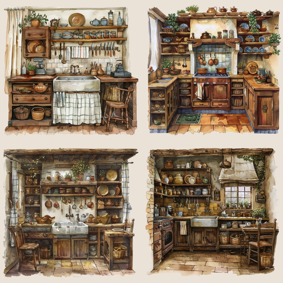 Watercolour Rustic Cozy Cottagecore Kitchen Clipart Bundle, Cozy ...