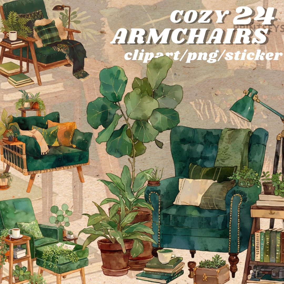 Watercolour Cozy Armchair Clipart Set , Cozy Houseplant Sticker Bundle ...