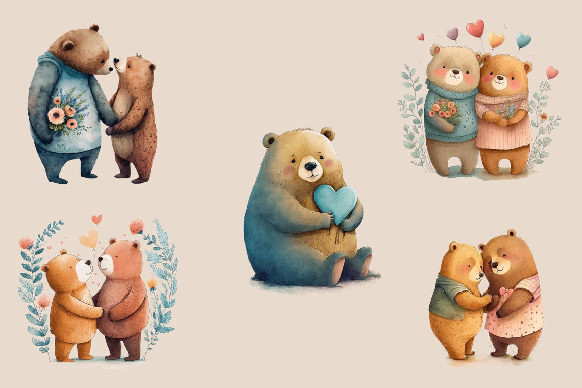 Watercolour Valentines Day Love Bears Clipart Valentine Png - Etsy