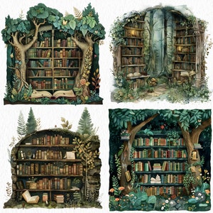 Watercolour Enchanted Forest Library Clipart Bundle, Dark Academia Aesthetic, Bookworm, Mystery ...