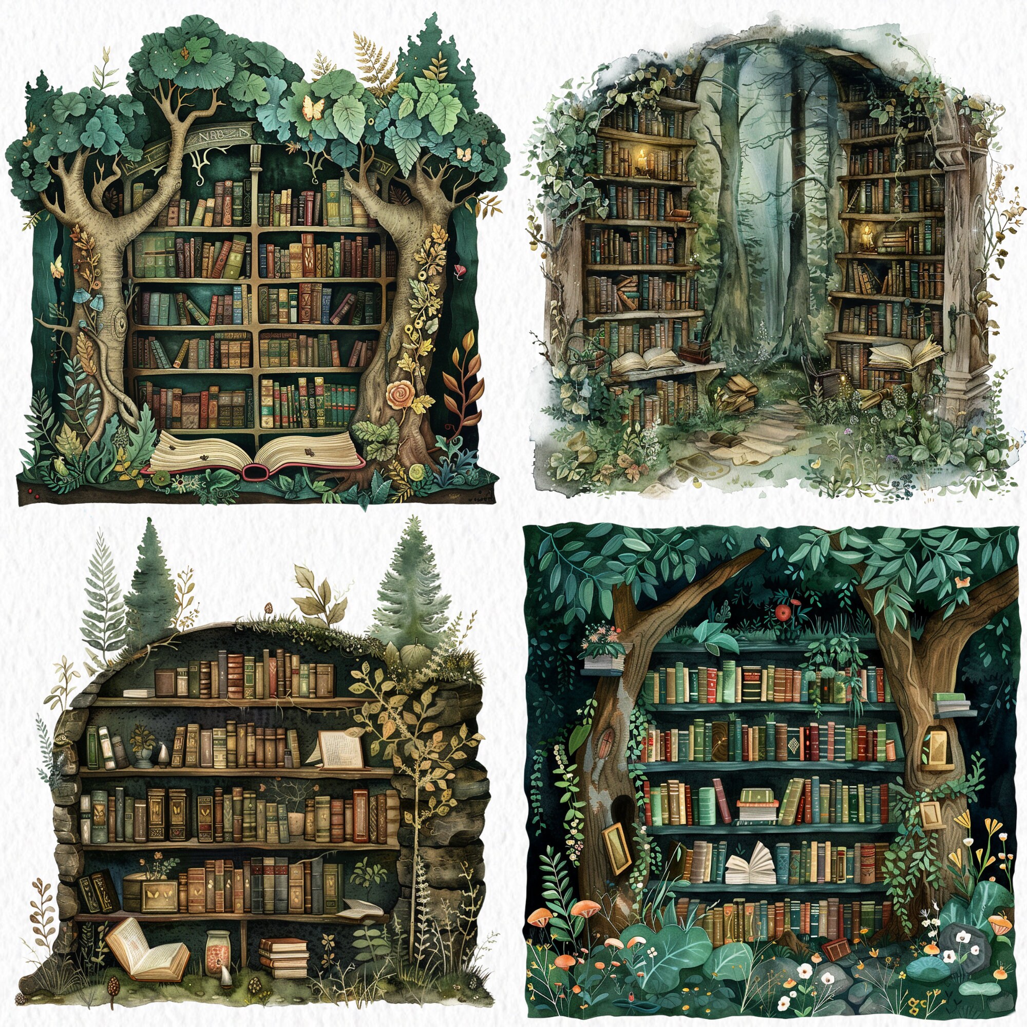 Watercolour Enchanted Forest Library Clipart Bundle, Dark Academia ...