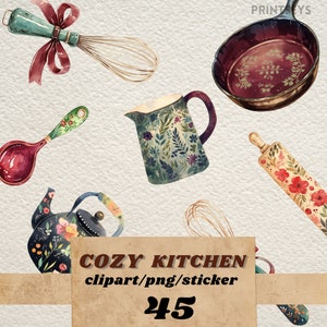 Watercolour Rustic Cozy Cottagecore Kitchen Tools, Clipart Bundle, Cozy ...