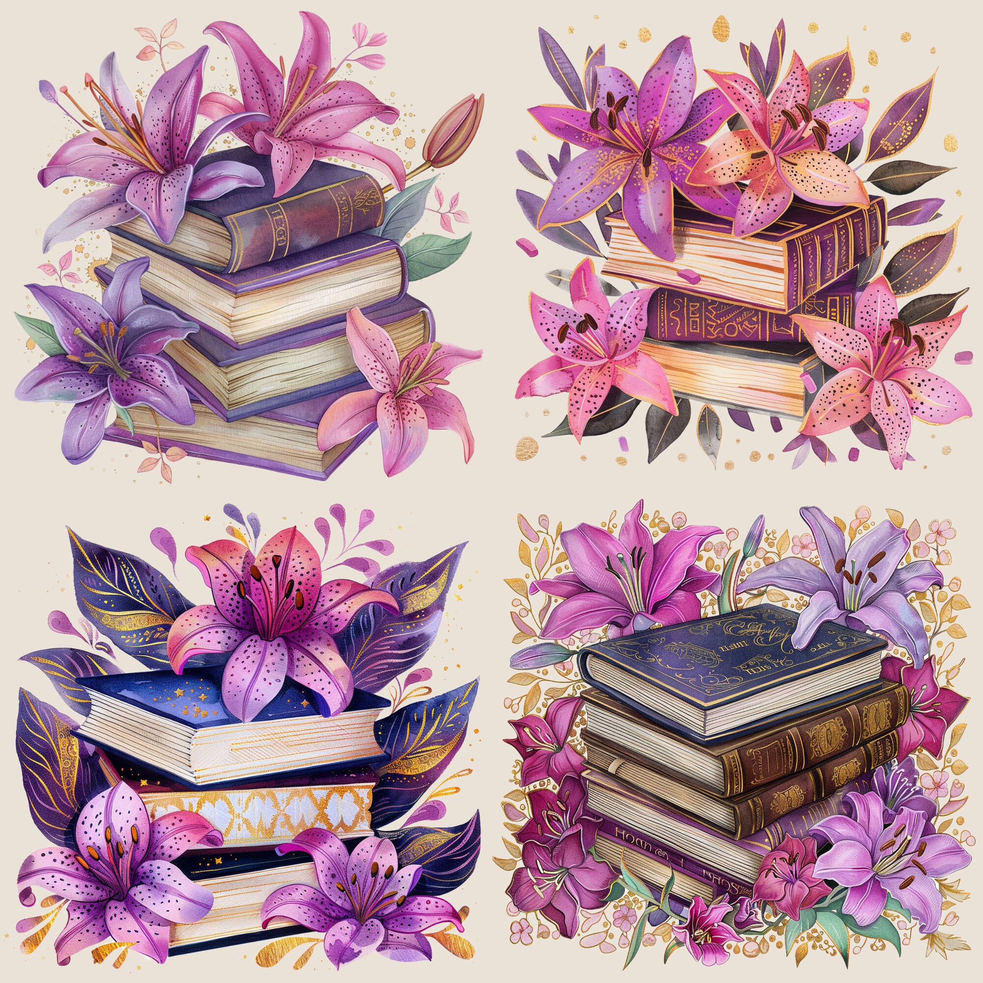 Purple Lily Pile of Books Clipart Bundle, Digital Stickers,reading Png ...