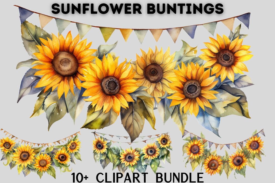 Watercolour Sunflower Bunting Clipart Bundle, Floral Buntings, Summer ...