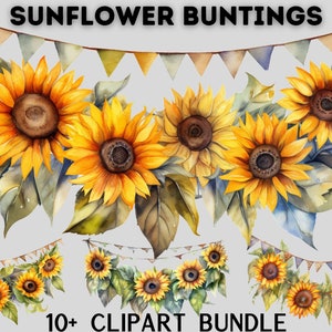 Watercolour Sunflower Bunting Clipart Bundle, Floral Buntings, Summer ...