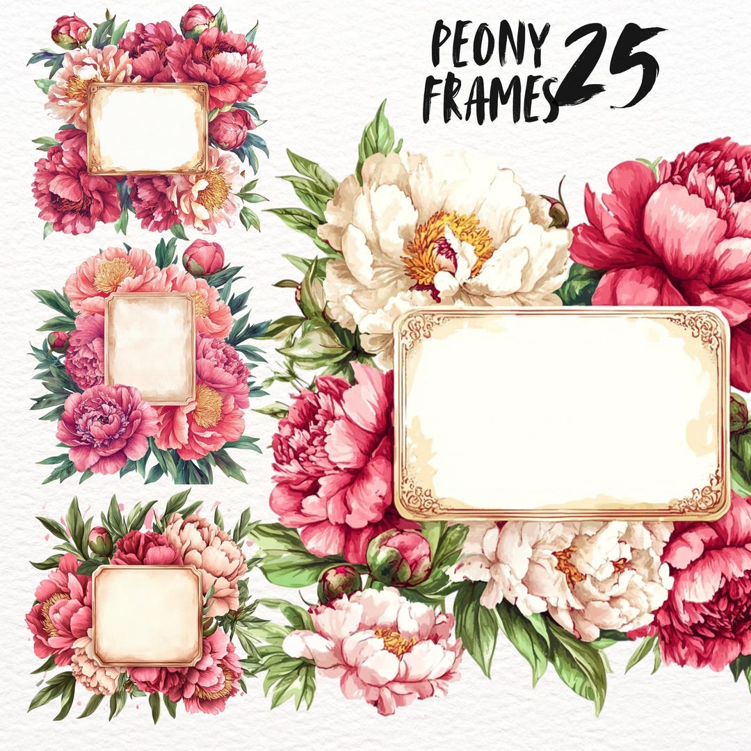 Watercolour Floral Peony Frame Clipart Bundle Peony Label Sticker Set ...