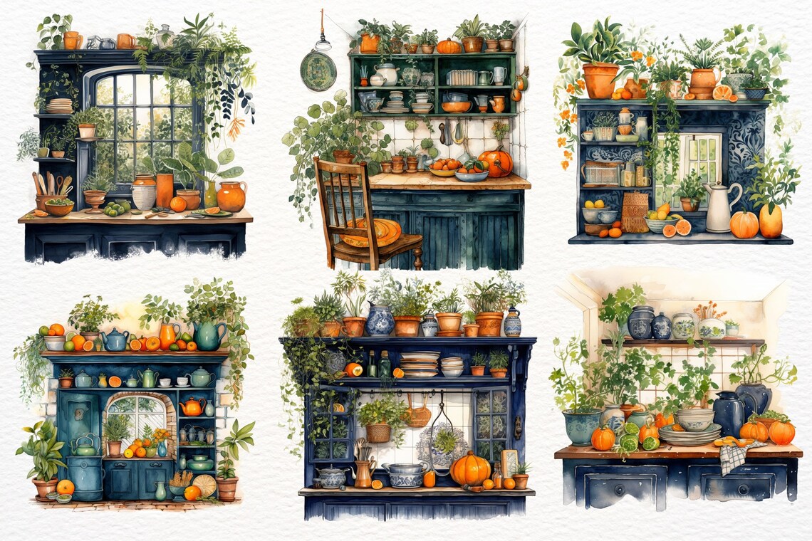 Watercolour Rustic Blue and Orange Kitchen Clipart Bundle, Cozy Clipart ...