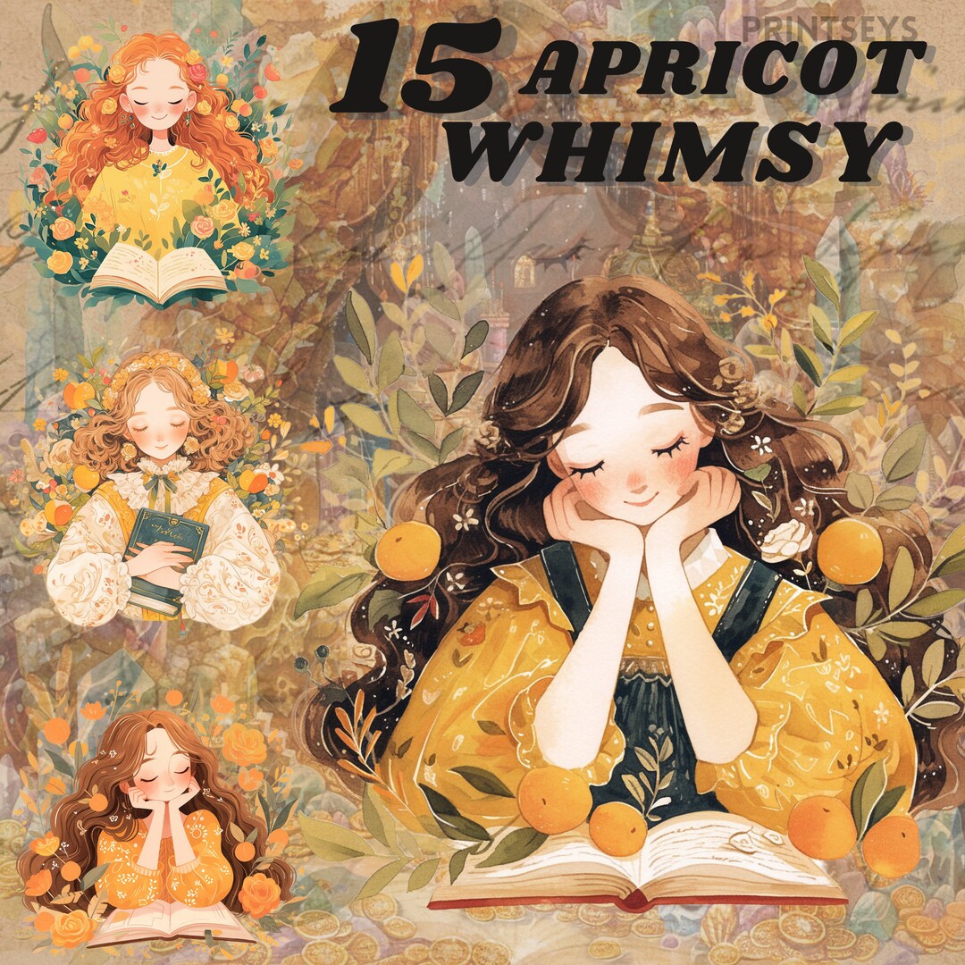Apricot Girl Reading Digital Stickers, Book Journaling, Romantic ...