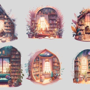 Watercolour Cozy Home Library Clipart Bundle, Bookshelf, Bookcase ...