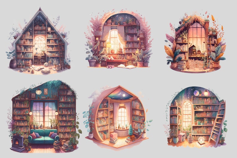 Watercolour Cozy Home Library Clipart Bundle Bookshelf - Etsy