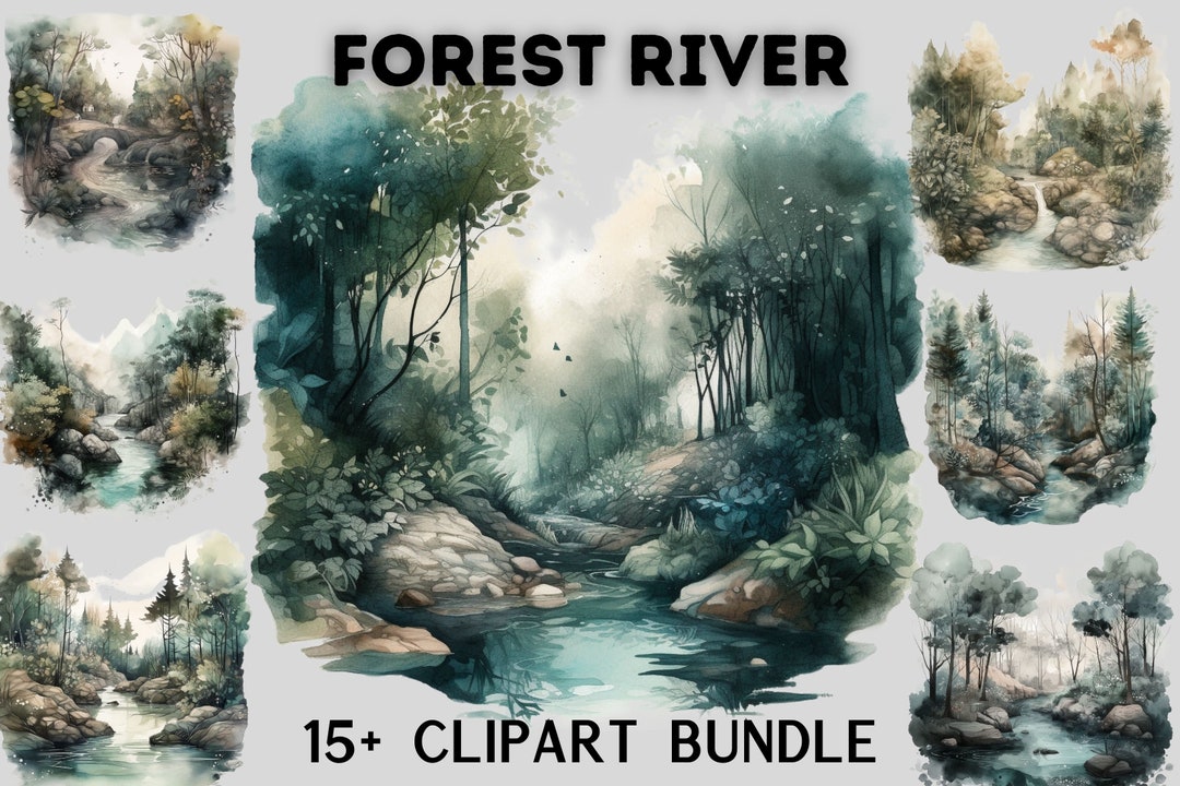 Watercolour Forest River Clipart Bundle, Landscape Clipart, Hiking ...