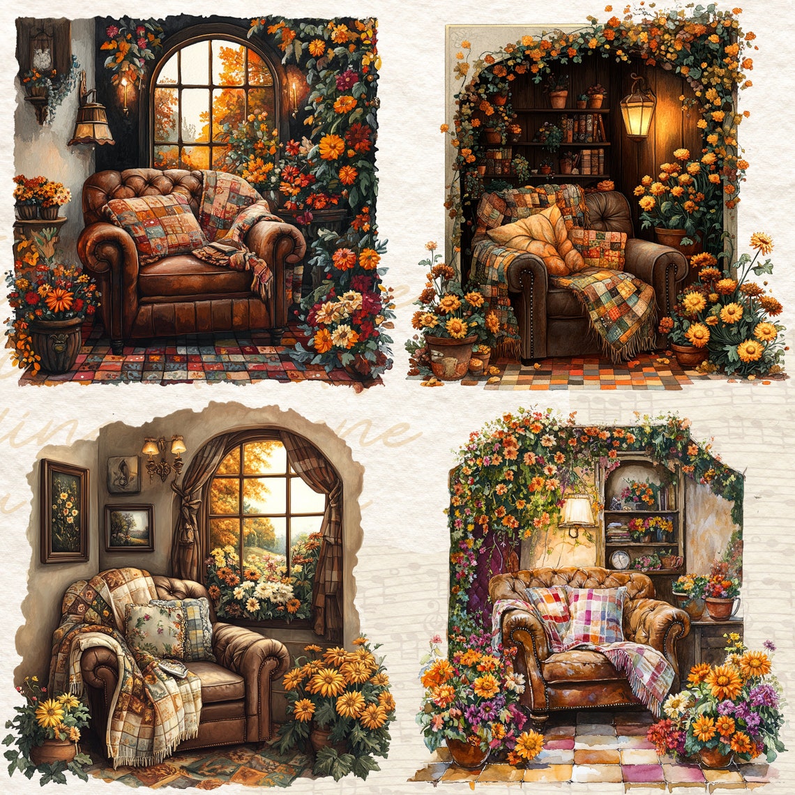 Watercolour Autumn Cozy Nook Clipart Bundle, Cozy Autumn Reading Corner ...