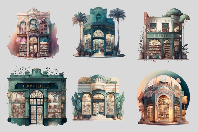 Art Deco Bookstore Clipart Bundle 1v, Book Shop ,watercolour Shop ...