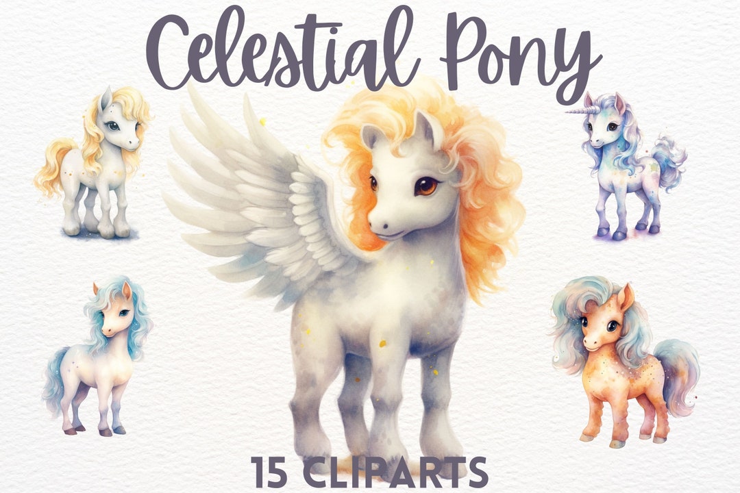 Watercolour Celestial Magical Pony Clipart Bundle, Cute Pony Clipart ...