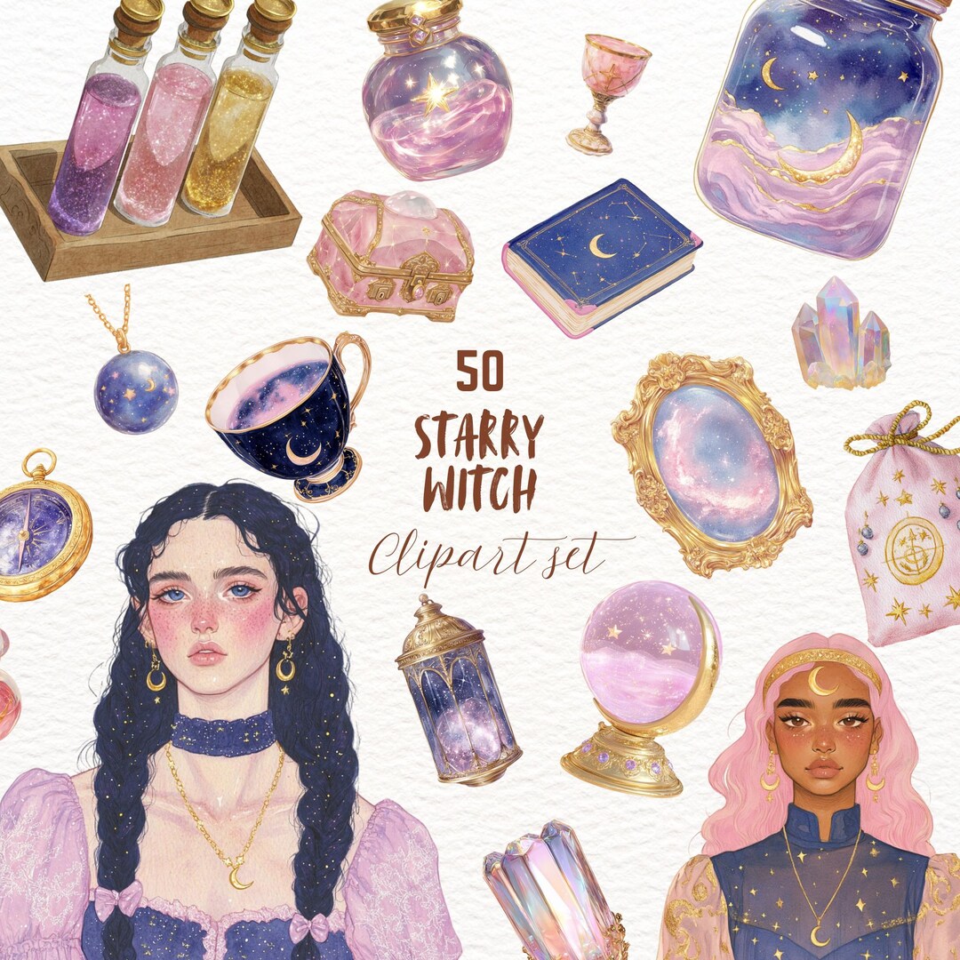 Celestial Witch Clipart Bundle Celestial Wicca Sticker Set Magical ...