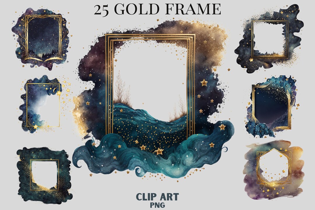Watercolour Celestial Gold Frame Clipart Bundle, Gold and Black Stars ...