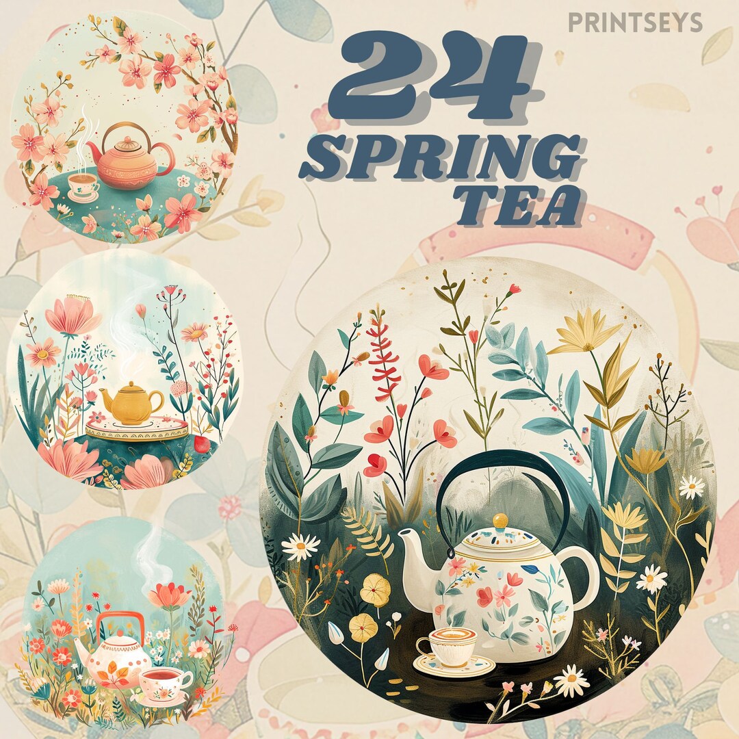 Watercolour Vintage Spring Tea Digital Sticker Bundle, Guache, Spring ...
