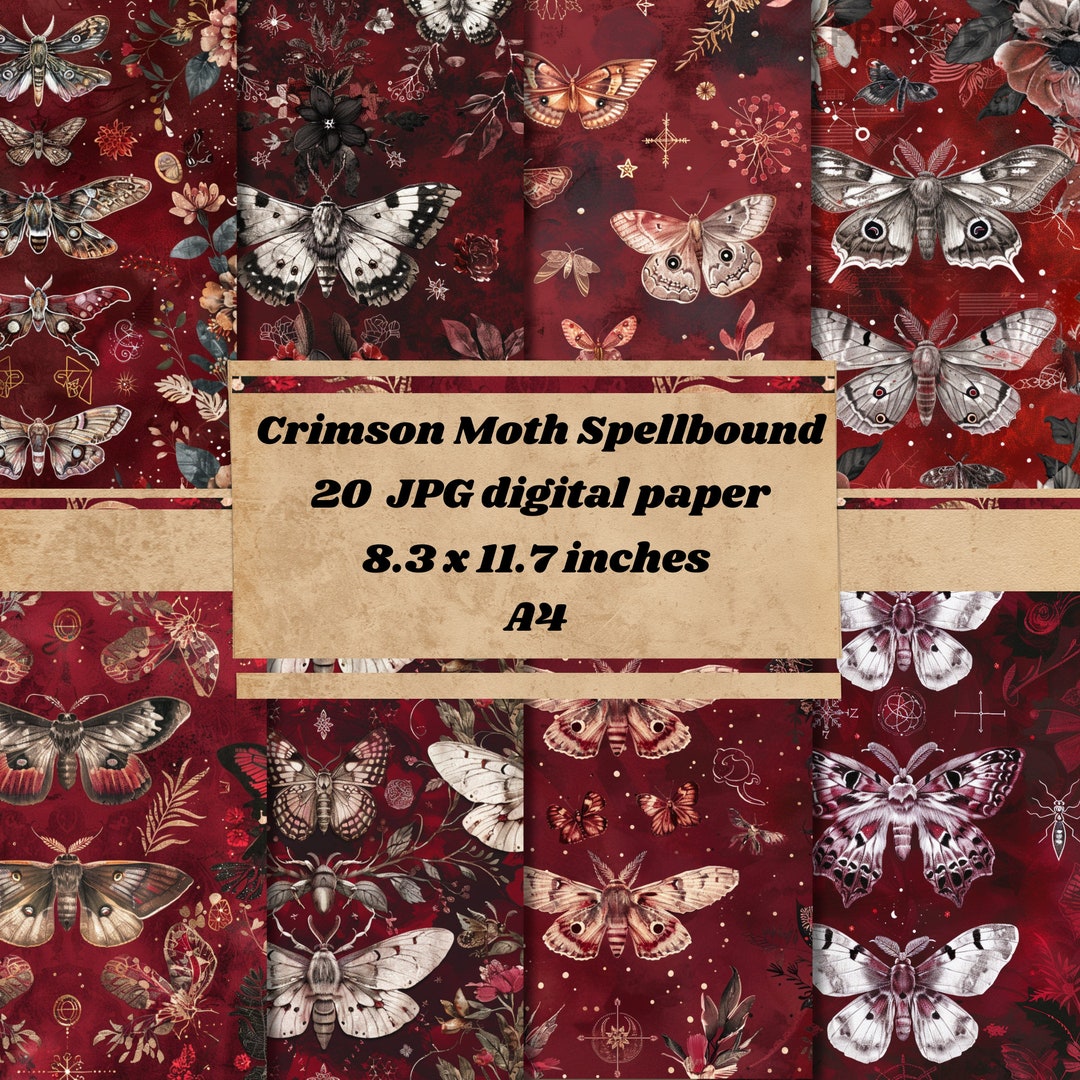 Distressed Crimson Moth Spellbound Digital Paper, Vintage Mystical ...