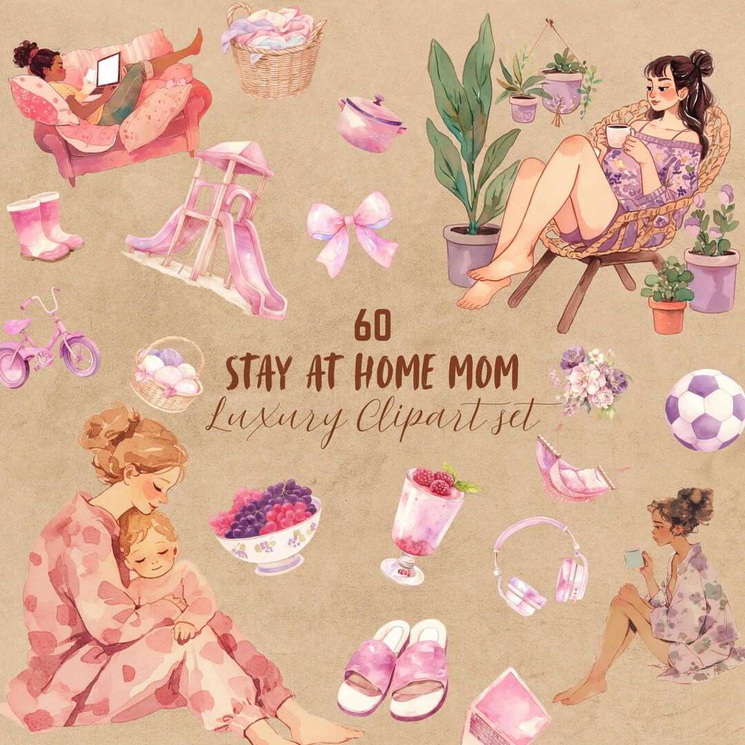 Chill Stay at Home Mom Digital Sticker Bundle, Watercolour Sahm Clipart ...