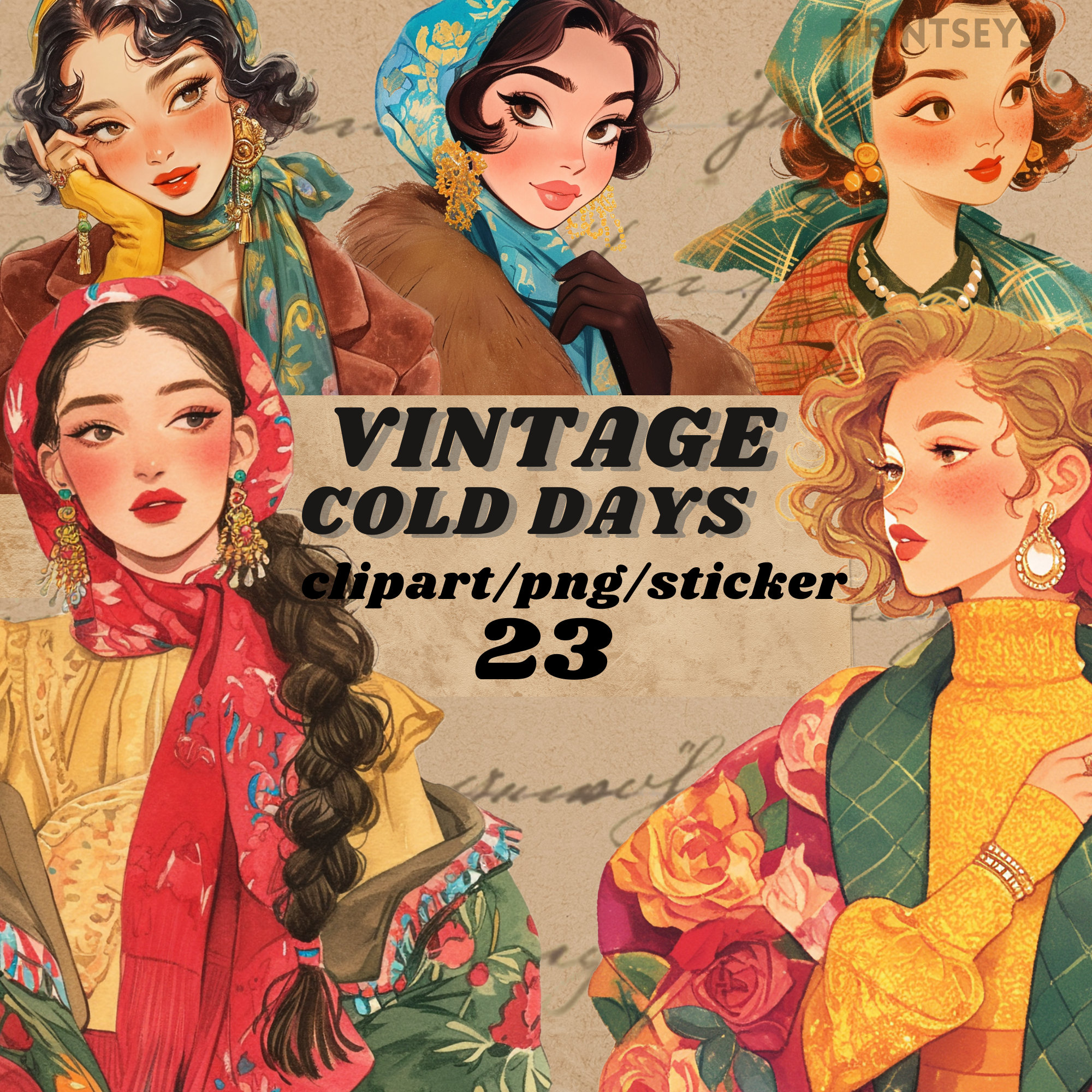 Vintage Cold Weather Girls Clipart Bundle, Sutumn Fashion Digital ...