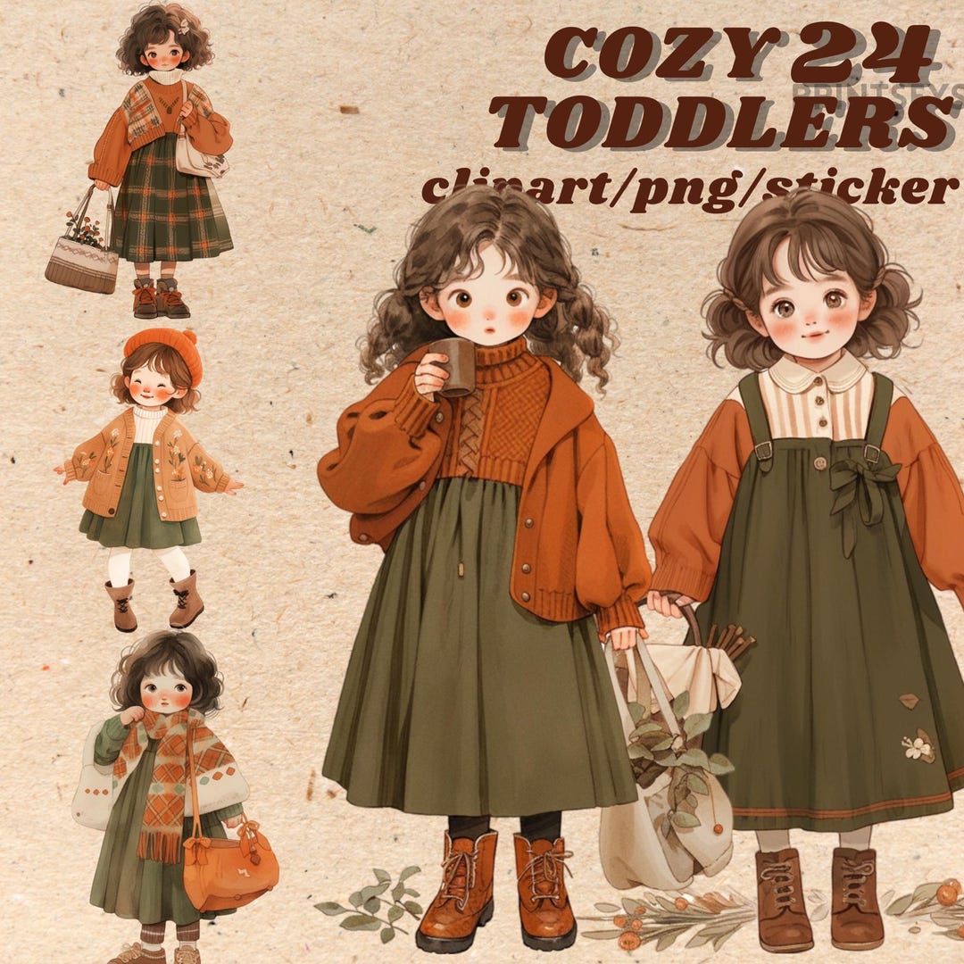 Cute Cottagecore Toddler Kid Fashion Outfit Clipart Bundle, Vintage ...
